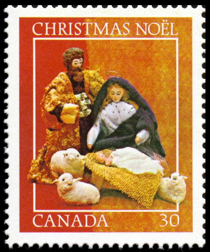The Manger Scene - Orange Background - Canada Postage Stamp | Christmas ...